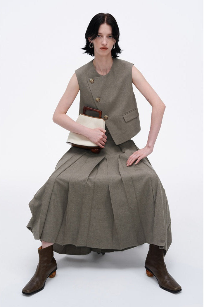 SELFWHO High Waist Casual Half-Length Pleated Skirt+Vest